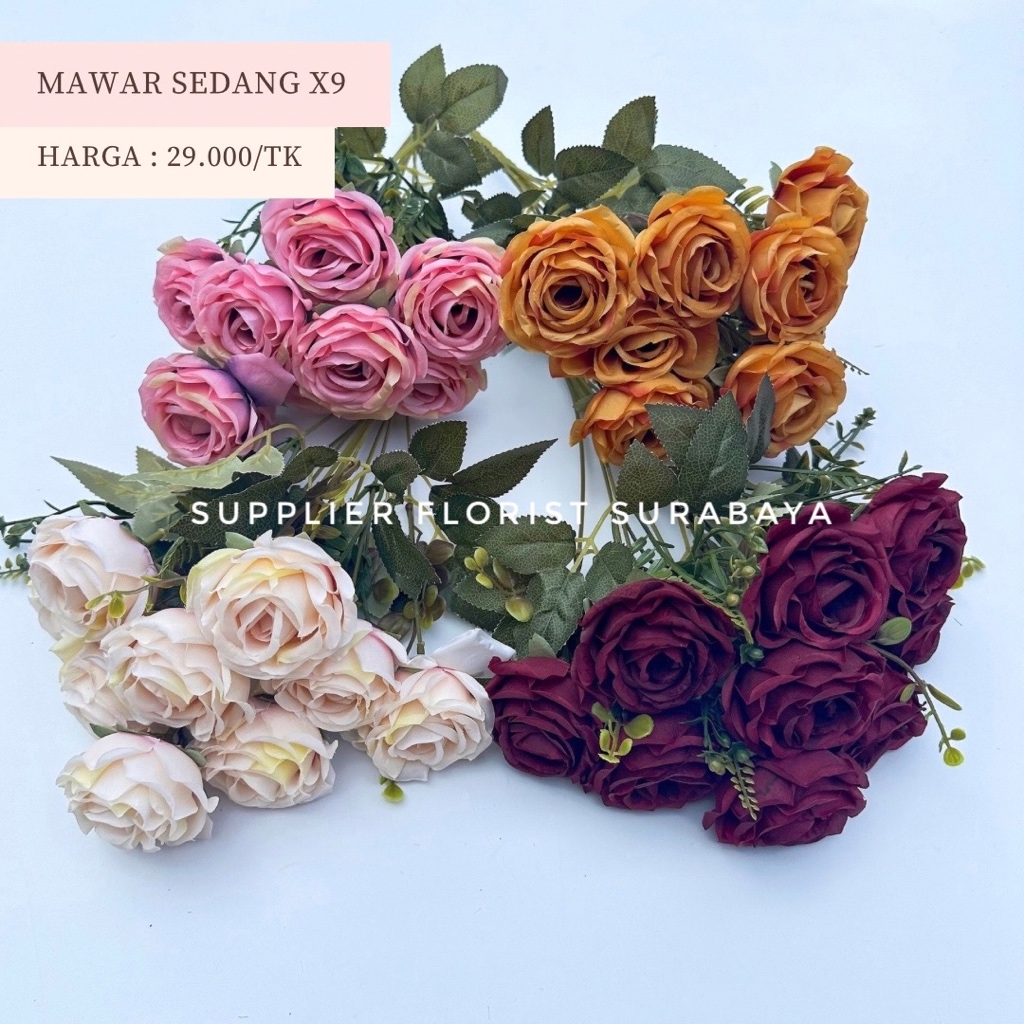 Jual [MAWAR SEDANG X9] BUNGA PALSU 9 KEPALA MAWAR ARTIFICIAL FLOWER 9 ...