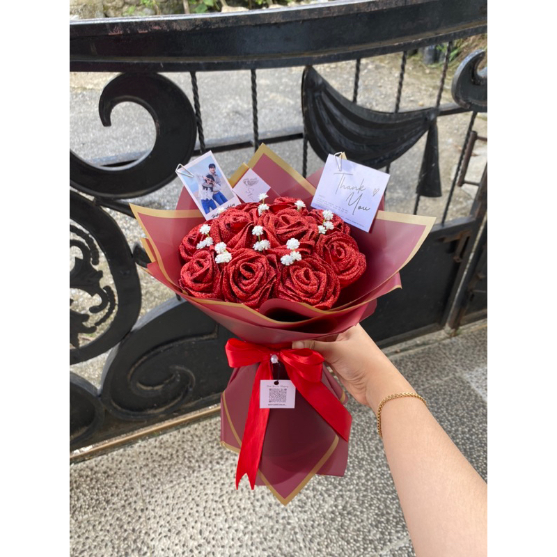 Jual Buket Romantis bunga Pita Satin + glitter + Baby Breath Artificial ...