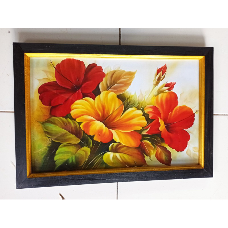Jual Hiasan dinding Lukisan cetak Bunga Sepatu Merah kuning cantik plus ...
