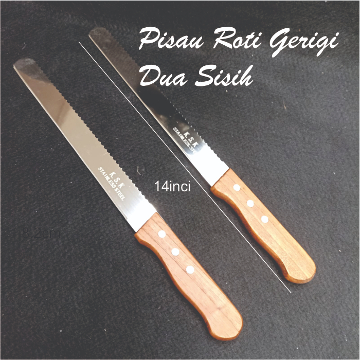 Jual Pisau roti Gerigi Dua Sisih Stainless Steel 14 inci gagang kayu ...
