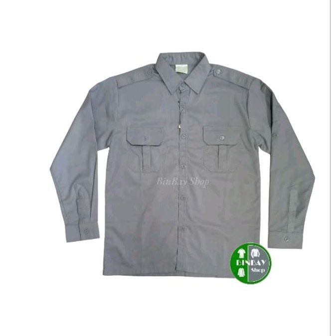 Jual KEMEJA SERAGAM DRILL PANGKAT PANJANG ABU + SKODER DAN SAKU KECIL ...