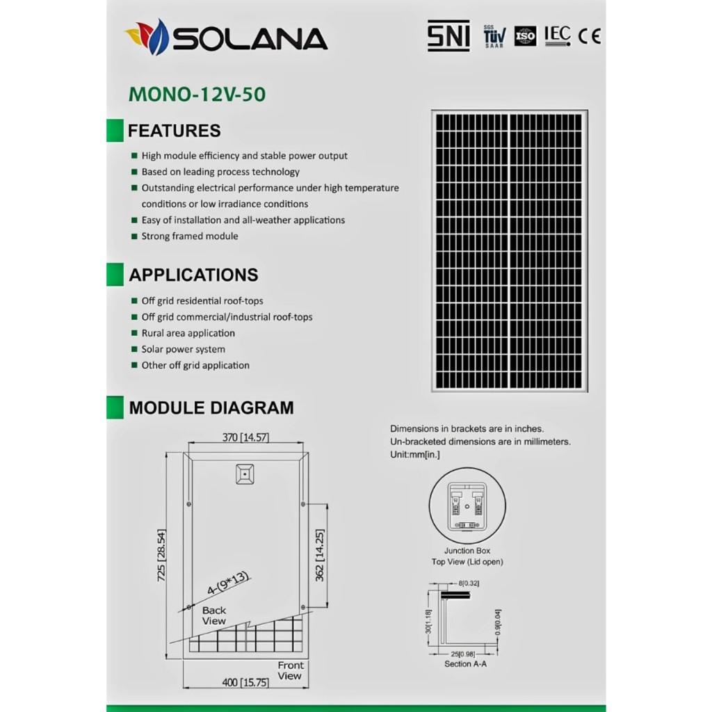 Jual Solar Panel Solana Monocrystaline Panel Surya 50 WP Excellent ...