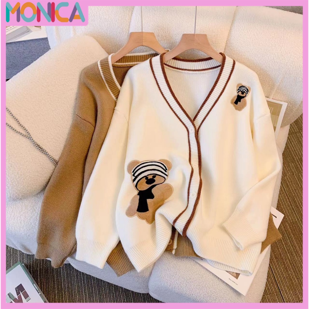 Jual Monica Cardigan Rajut Teddy Bear Knitwear Wol Santai Crew Neck ...