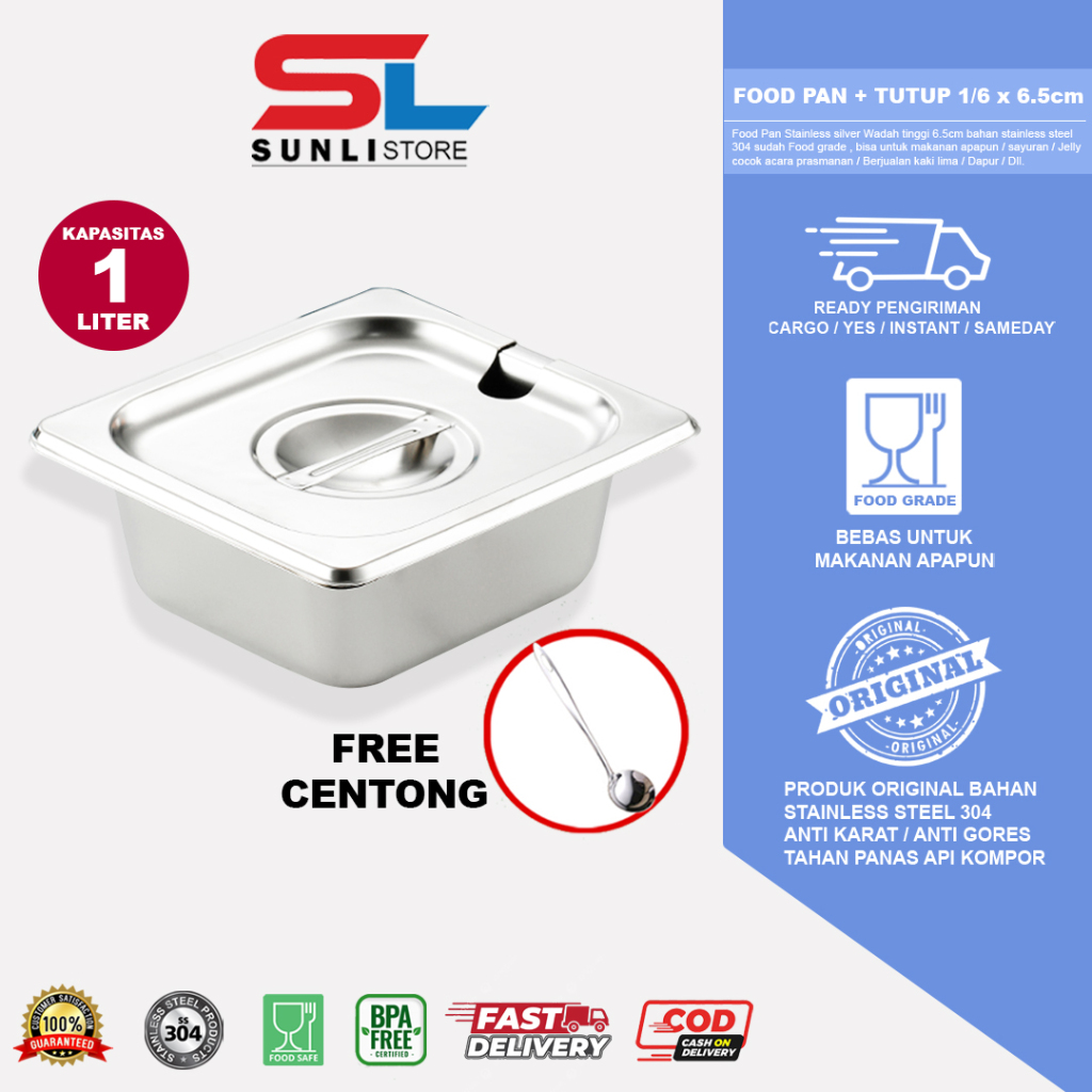 Jual SUNLI - Food pan 1/6 x 6.5cm + TUTUP / food pan stainless Ukuran 1 ...