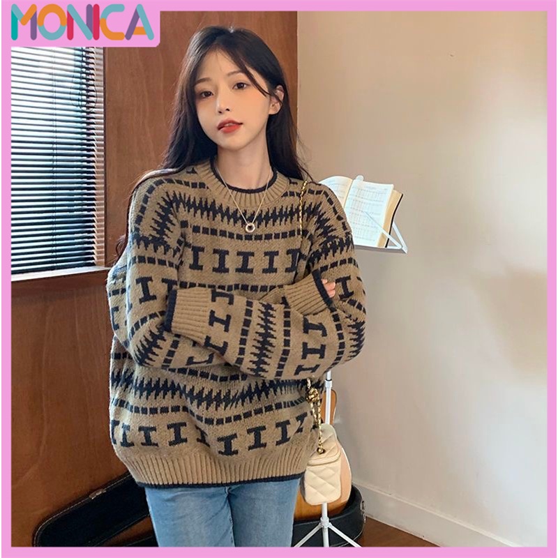 Jual Monica Sweater Pullover Leher Bulat Jacquard Longgar Yang Chic ...