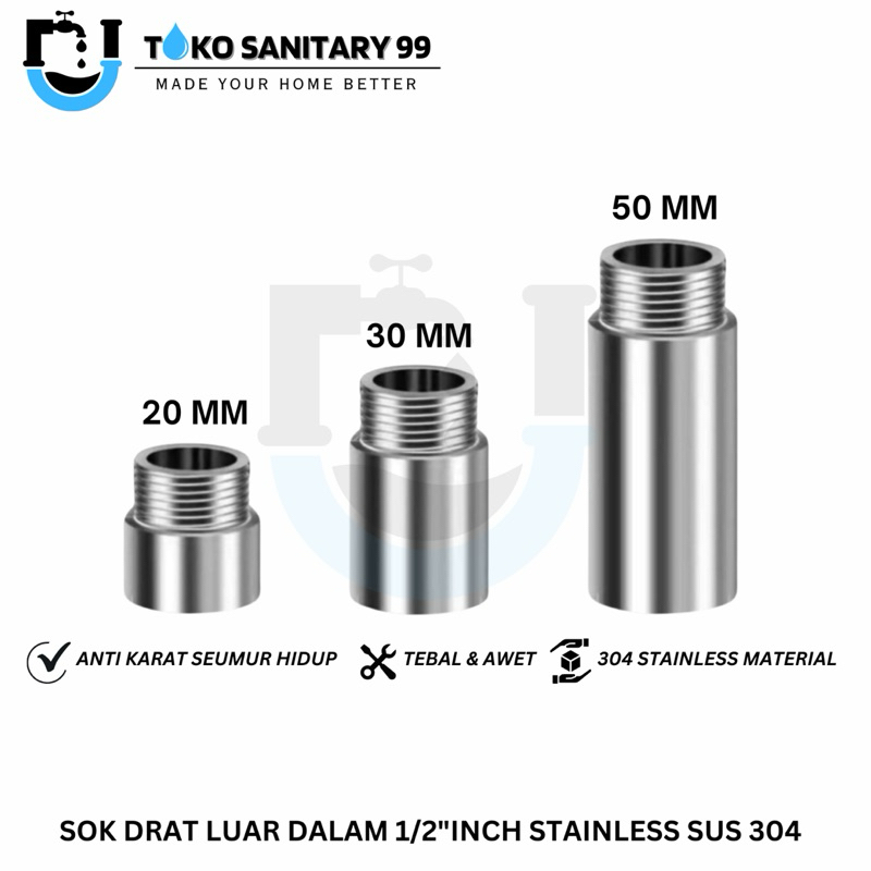Jual Sock Drat Luar Dalam Sok Kran 1/2 Inch Stainless Steel SUS 304 ...