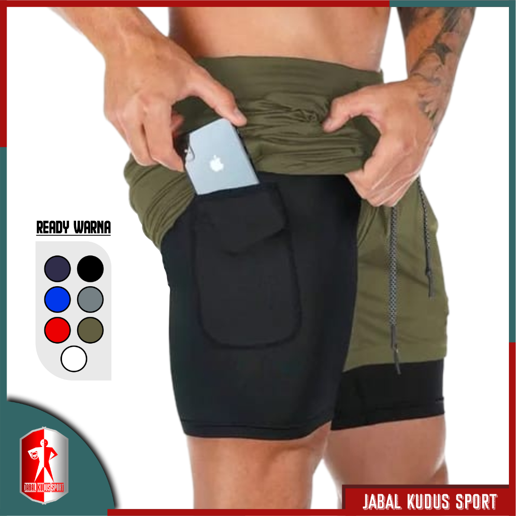 Jual Celana Pendek Double Layer Kompresi Olahraga Lari Fitness Gym Pria ...