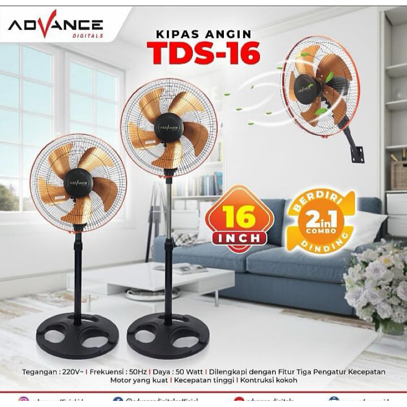 Jual STAND FAN BESI ADVAN TDS-16 Dengan 5 BALING 2 in 1 / KIPAS BERDIRI ...