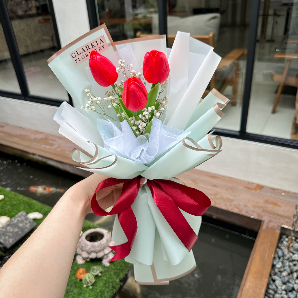 Jual Artificial 3 Tulip Bouquet Clarkia Floristry | Buket Bunga 3 ...