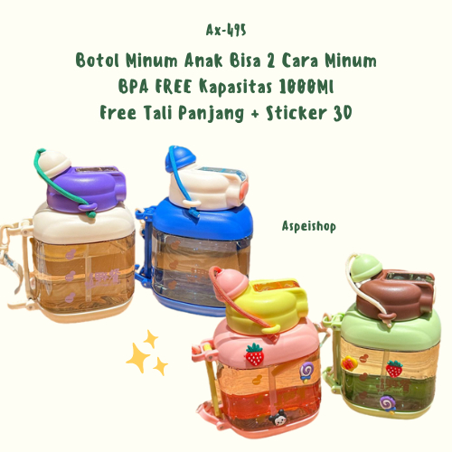 Jual Ax 495 COD BOTOL MINUM ANAK 1000ml FREE STICKER 3D /Tumbler 1 ...
