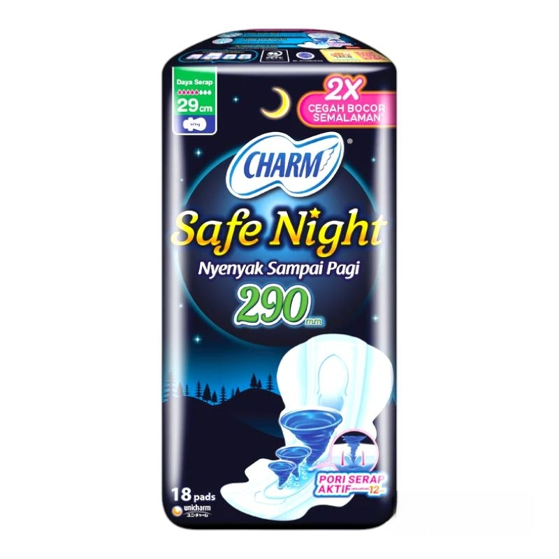 Jual Charm Pembalut Safe Night 29cm Wing 18pads isi 18 pcs Ukuran 29 cm ...