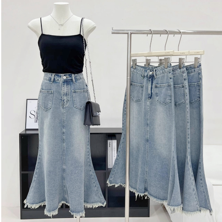 Jual COD Rok denim rok fishtail pinggang tinggi A-line gaya Korea ...
