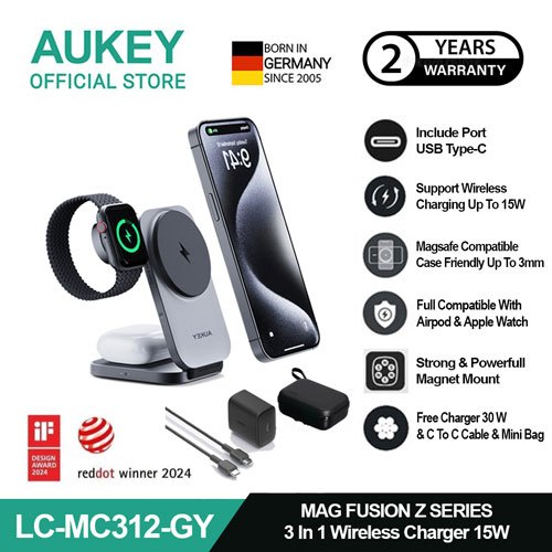 Jual AUKEY Magnetic Wireless Charger 15W 3 In 1 MFI With Port Type C LC-MC312 | Shopee Indonesia