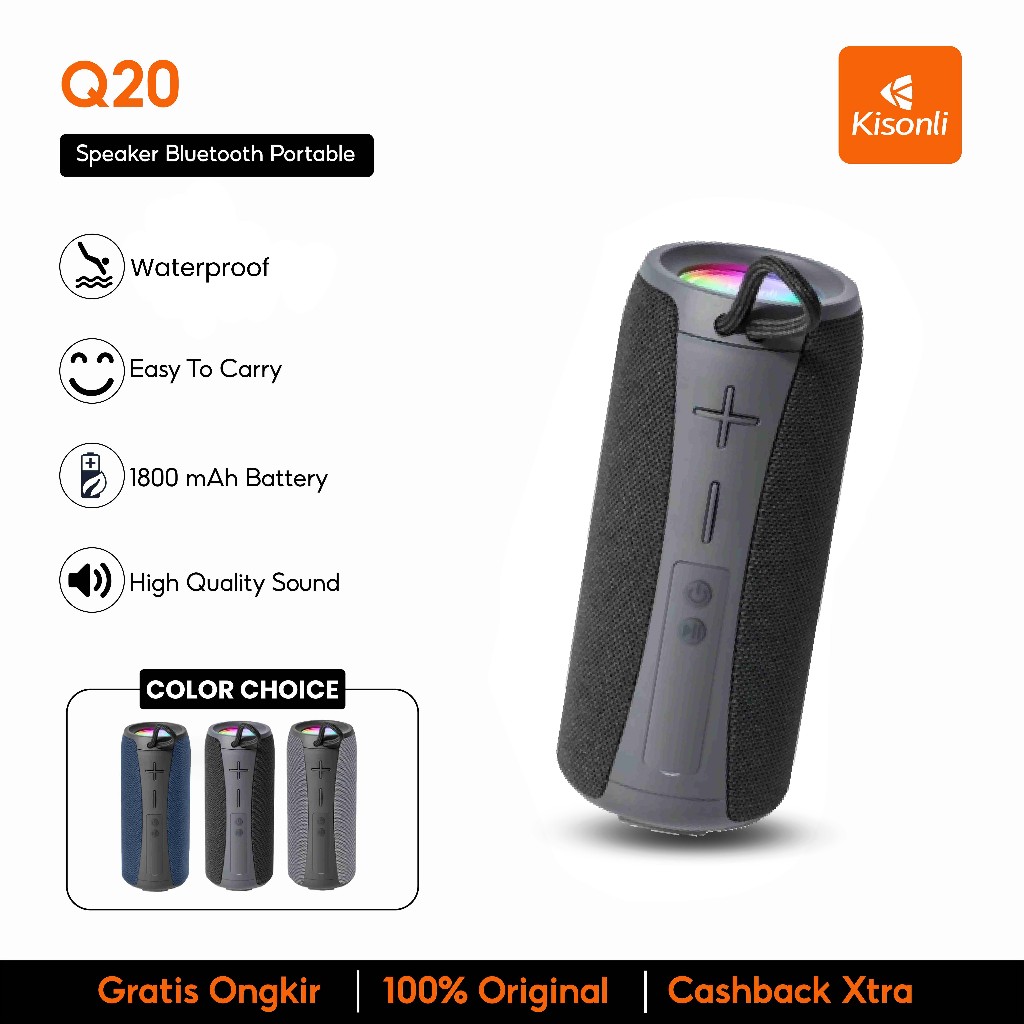 Jual KISONLI Speaker Bluetooth Q20 Waterproof IPX4 With LED Light Bass ...