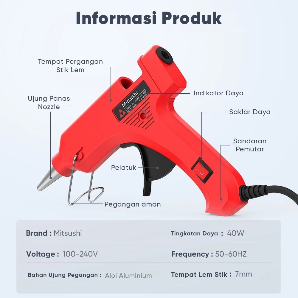 Jual Mitsushi Pistol Lem Tembak 40 Watt / Hot Melt Glue Gun On-Off 7mm ...