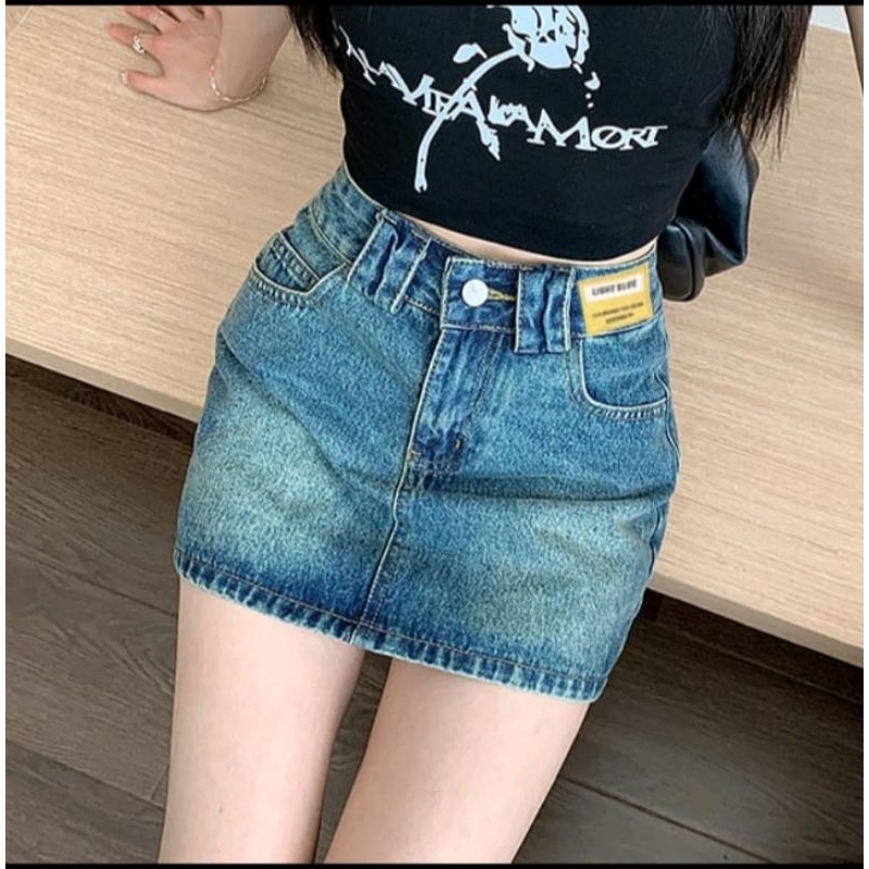 Jual Rok Jeans Pendek Wanita Jumbo Mini Kekinian Korean Style Skirt ...