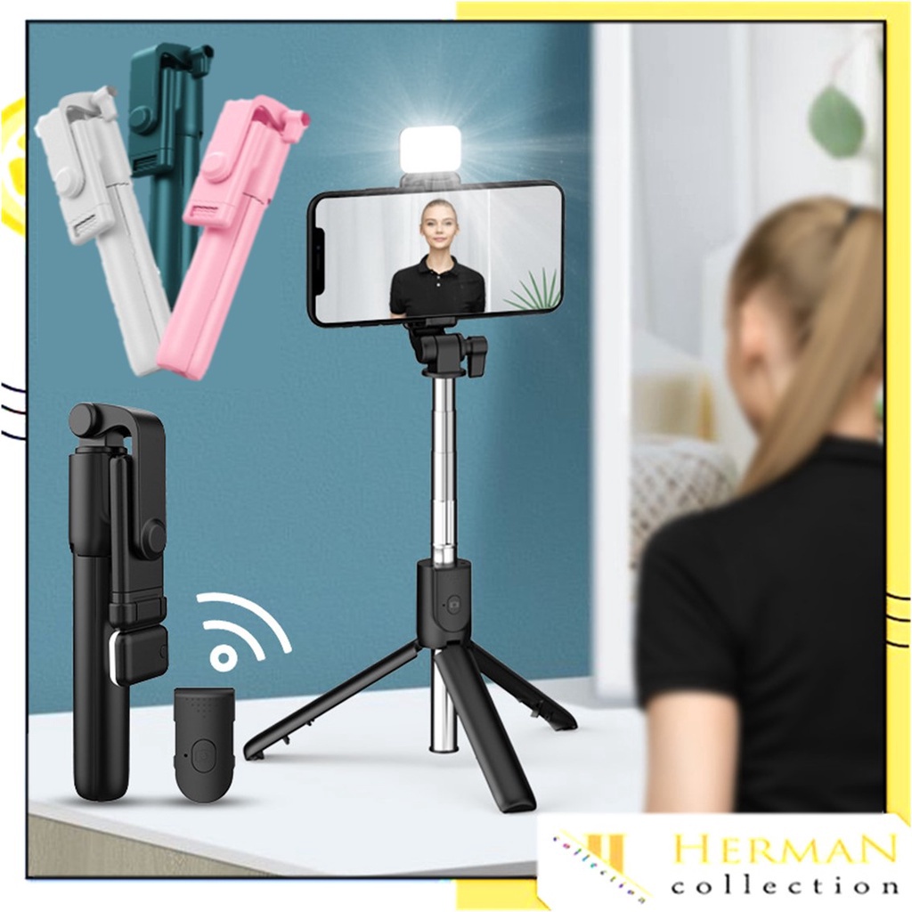 Jual STOCK HC Tripod Bluetooth Selfie Stick LED Flash With Fill Light Tripod Expandable Tongsis ...