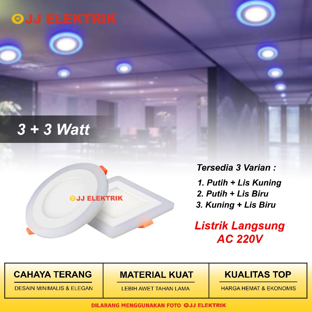 Jual Lampu Downlight LED Panel 2 Warna 3W + 3 Watt Bulat Kotak SNI ...