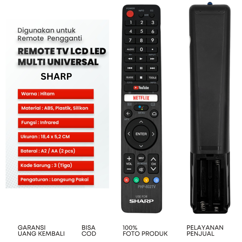 Jual Remote TV Sharp Aquos LCD LED Smart Android TV 602 GB326WJSA IR ...