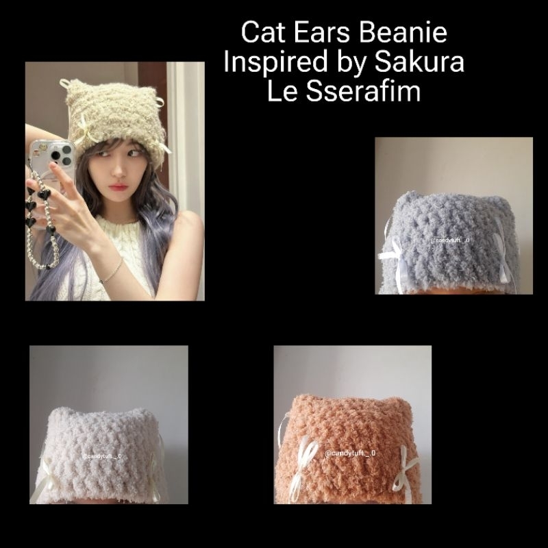 Jual sakura le sserafim crochet cat ear beanie hat cat hat kpop idol ...