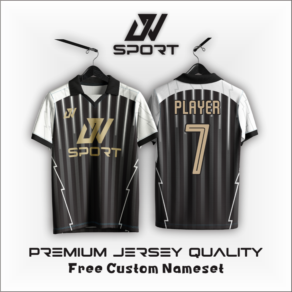 Jual Jersey Futsal Hitam Putih Emas Custom Printing Berkerah Retro ...
