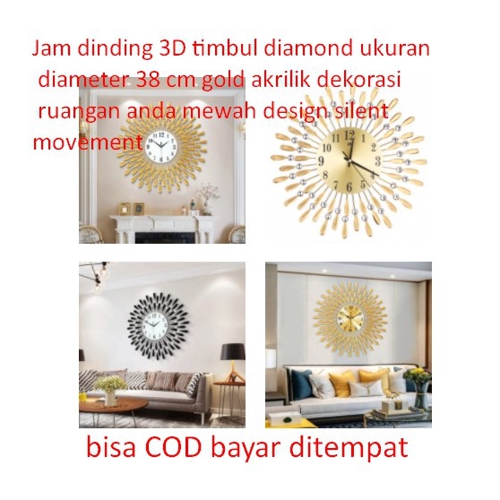 Jual Bw Jam dinding 3D timbul diamond ukuran diameter 38 cm gold ...