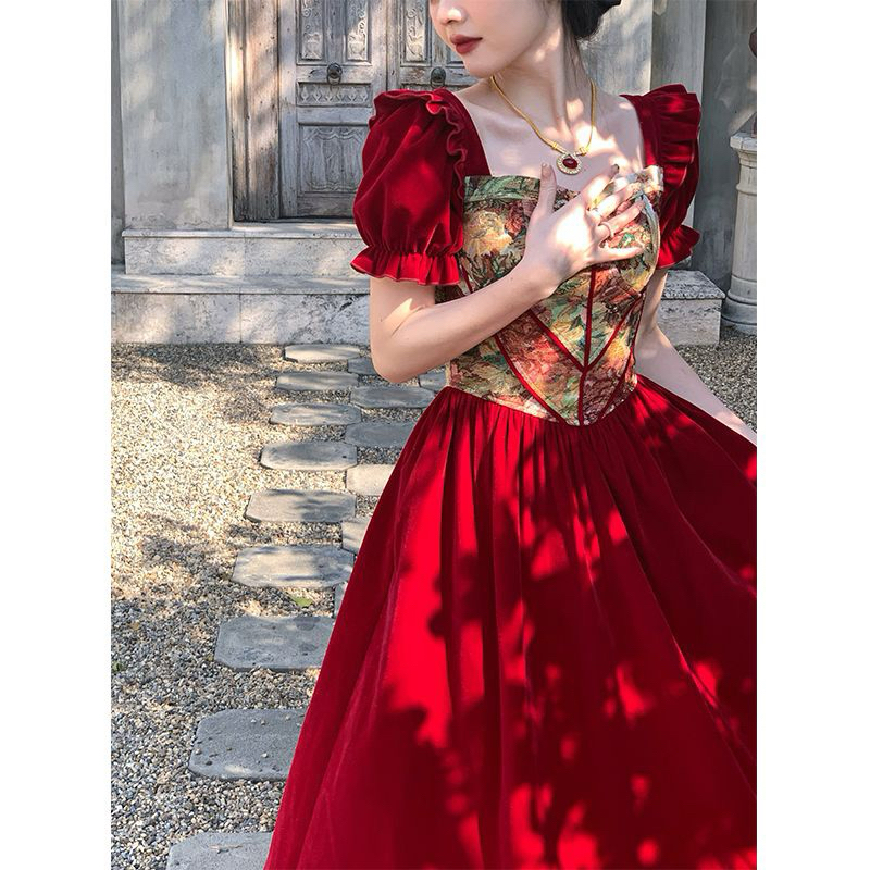 Jual [ Premium Series ] French Square Neck Red Velvet Dress | Shopee ...