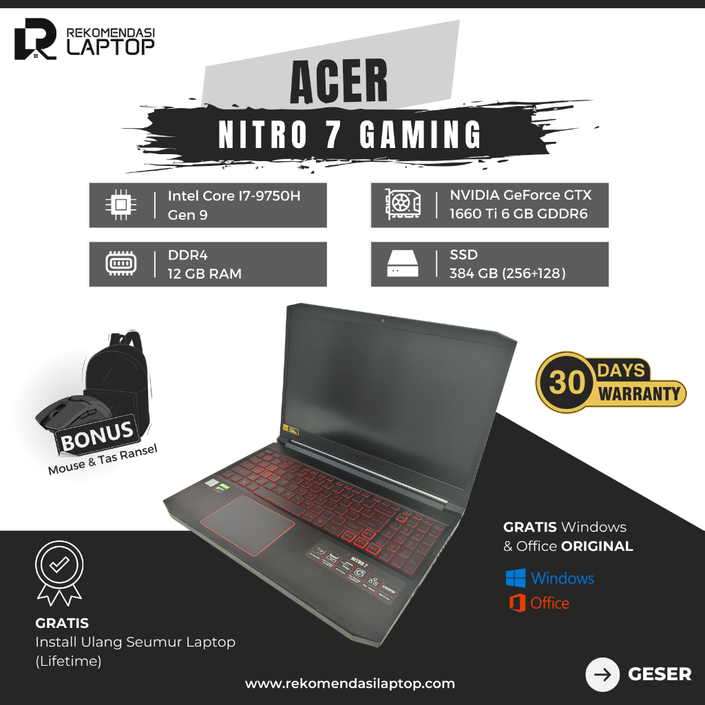 Jual Laptop Acer Nitro 7 I7-9750H NVIDIA GTX 1660 Ti 6 GB GDDR6 RAM 12 ...