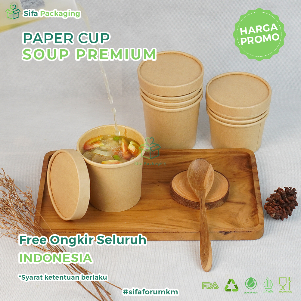 Jual Brown Paper Cup Soup + Tutup Premium Cup Mangkok Kertas 8Oz 12Oz 16Oz Food Grade Untuk Sup ...