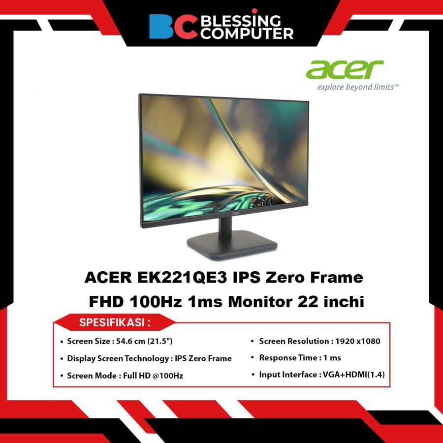 Jual ACER EK221QE3 IPS Zero Frame FHD 100Hz 1ms Monitor 22 inchi | Shopee Indonesia