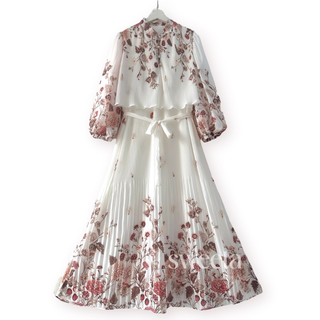 Jual Sweeta Midi Dress Plisket Double Layer Lengan Balon Ld 105cm Ceruty Full Furing