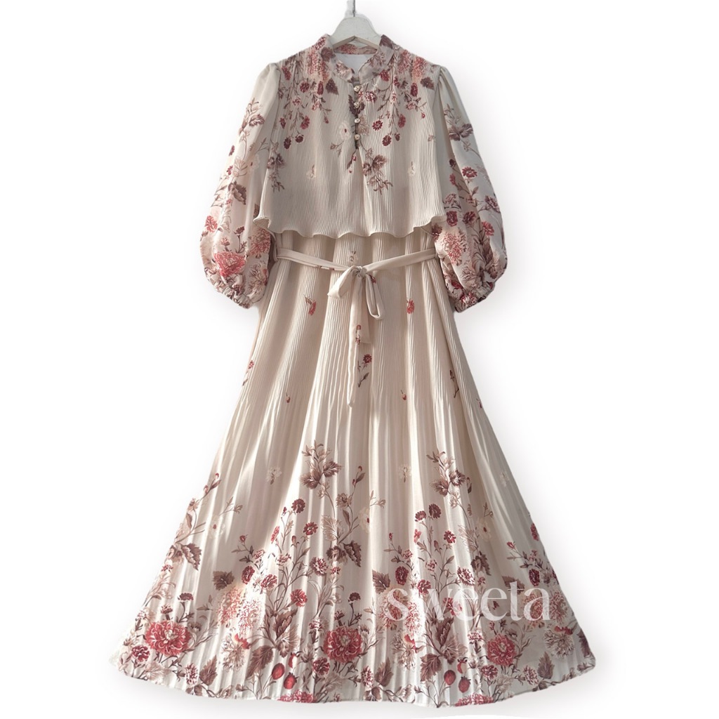Jual Sweeta Midi Dress Plisket Double Layer Lengan Balon Ld 105cm Ceruty Full Furing