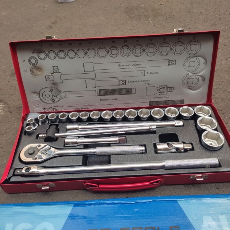 Jual AIGO Socket Wrench set 24 pcs kunci Sock set 1/2" 12 pt dan 6pt ...