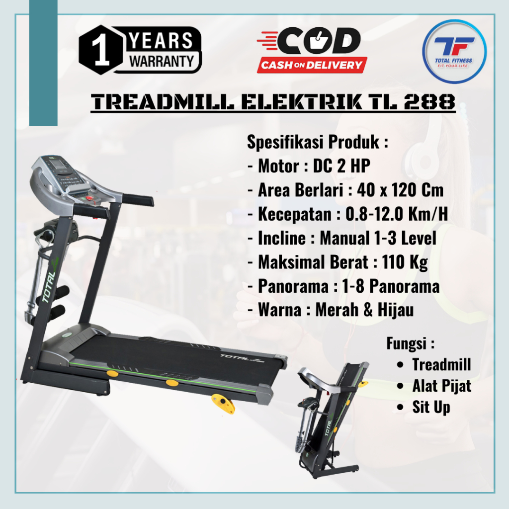 Jual Alat Fitness Treadmill Elektrik TL 288 Motor 2hp Manual Incline ...