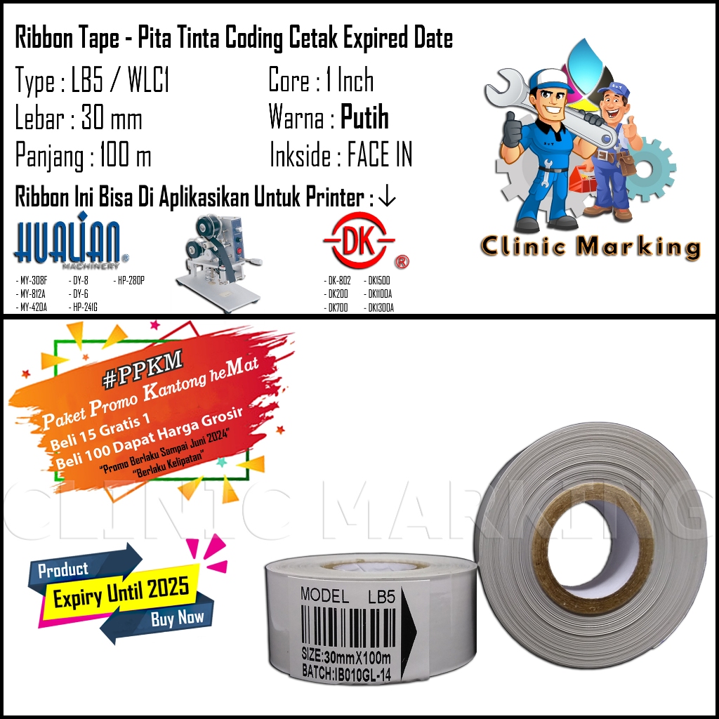 Jual Ribbon LB5 / LC1 30x100 Putih - Tinta Coding Expired Date Hot Stamping | Shopee Indonesia