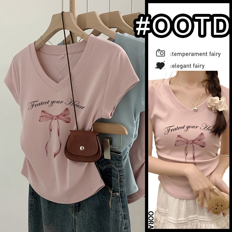 Jual OORA kaos slimfit V dasi crop korean style wanita busur merah kaos ...