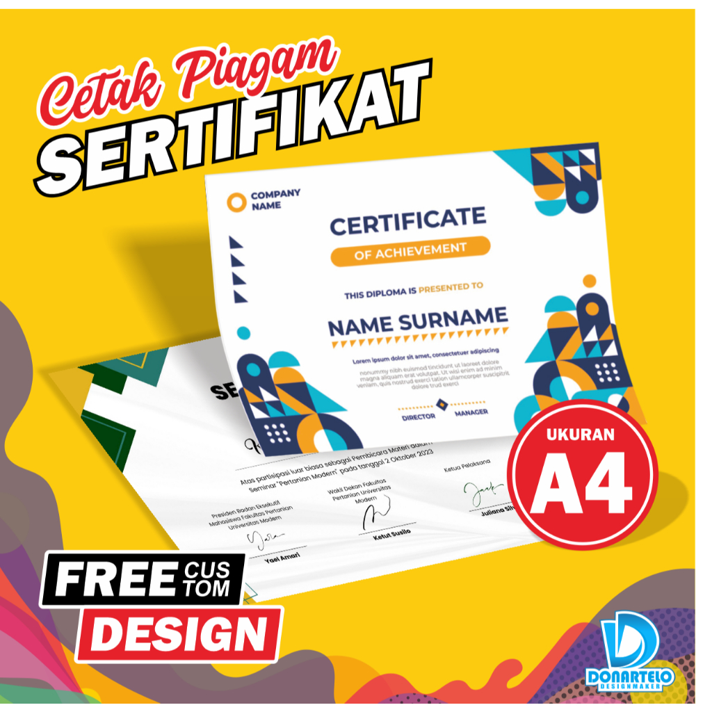 Jual CETAK SERTIFIKAT/ PIAGAM - UKURAN A4, CUSTOM DESAIN, FREE DESIGN ...