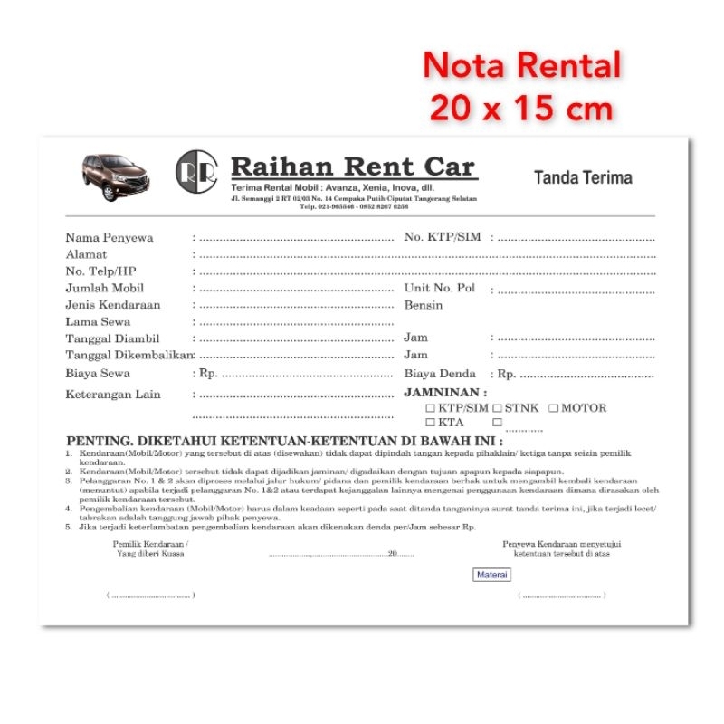 Jual NOTA RENTAL MOBIL/NOTA RENTAL MOTOR/NOTA CUSTOM/NOTA SEWA/KUITANSI ...