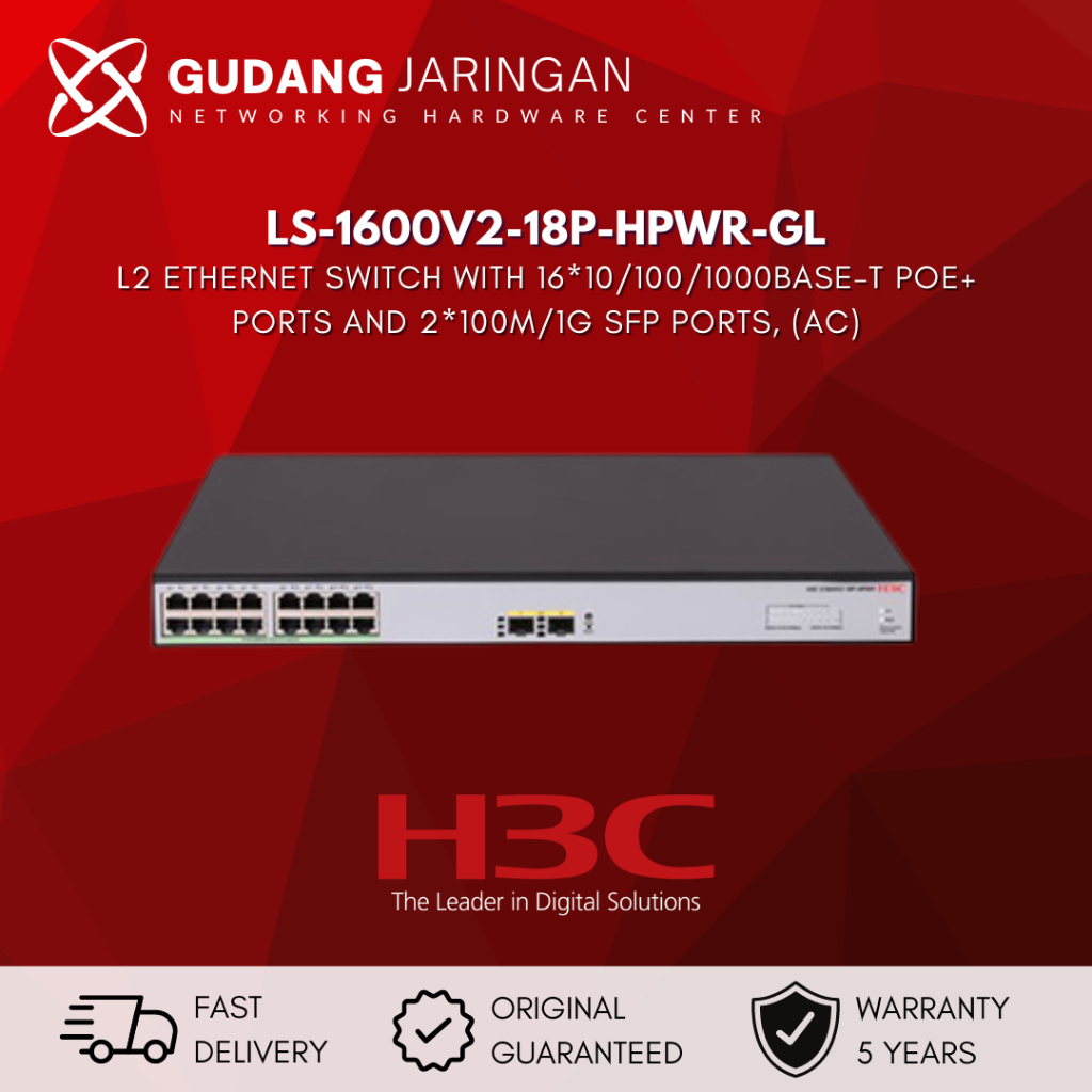 Jual H3C LS-1600V2-18P-HPWR-GL L2 Ethernet Switch with 16*10/100/1000BASE-T PoE+ Ports and 2 ...