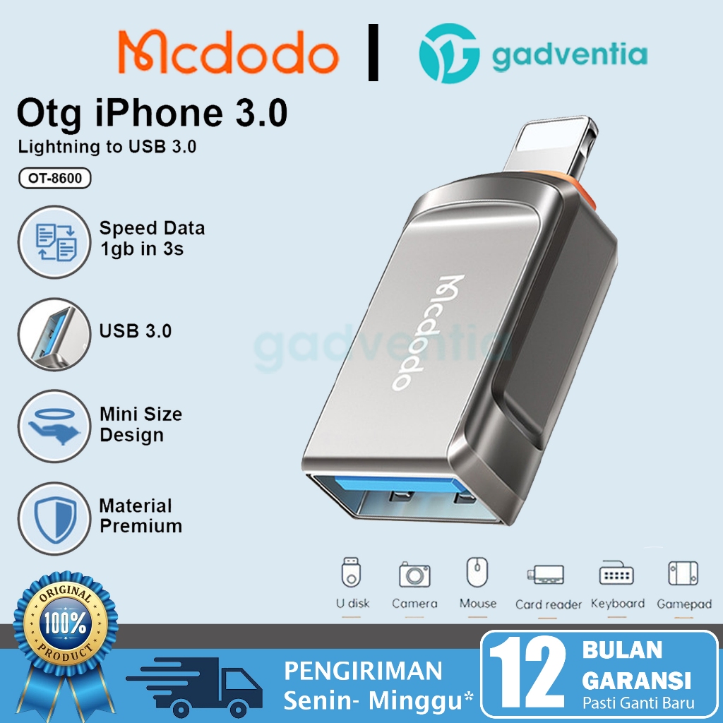 Jual Mcdodo Ot-8600 Mini Otg Adapter Lightning To Usb Flashdisk FD Harddisk untuk Iphone 12 13 ...