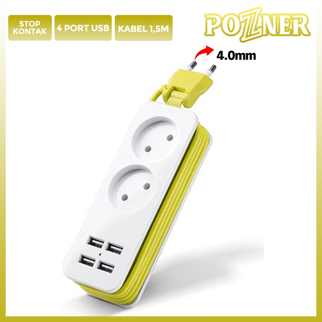 Jual Portable Stop Kontak Travel 2 Socket 4 USB Port Kabel 1,5 Meter ...