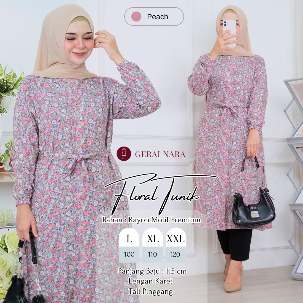 Jual Baju Anessa Tunik Motif Bunga Floral Long Tunik Rayon Premium ...