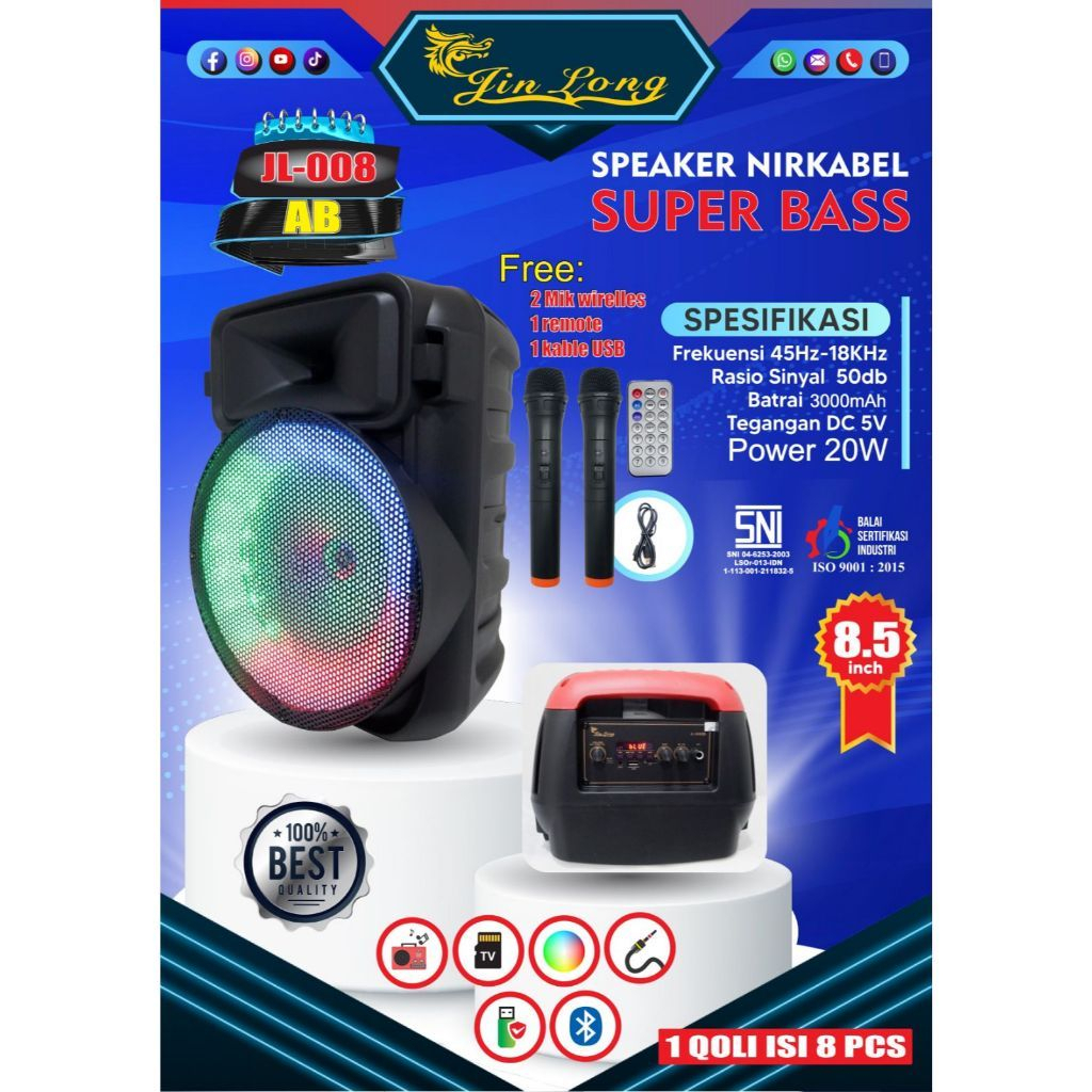 Jual SPEAKER KOPER JINLONG BLUETOOTH 8 Inch JL-008 AB + 2 MIC WIRELESS ...