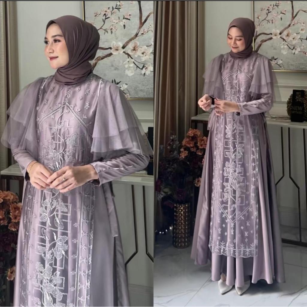 Jual New Lady Dress Satin Silk+Outer Brukat Mix Tulle Polos Busui ...
