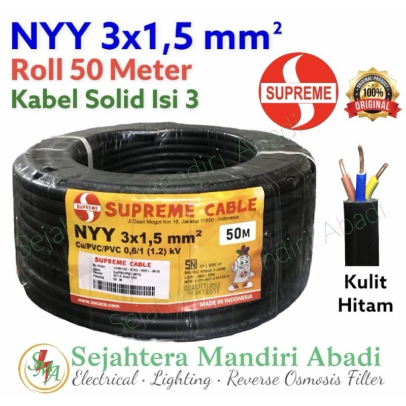Jual Kabel Listrik NYY 3x1,5 mm Supreme Rol 50 Meter Solid Isi 3 Kulit Hitam | Shopee Indonesia