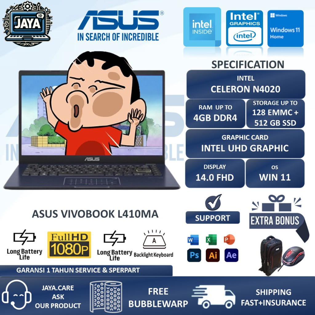Jual Laptop Slim Asus Vivobook L410MA Intel Celeron N4020 4GB 512GB SSD ...