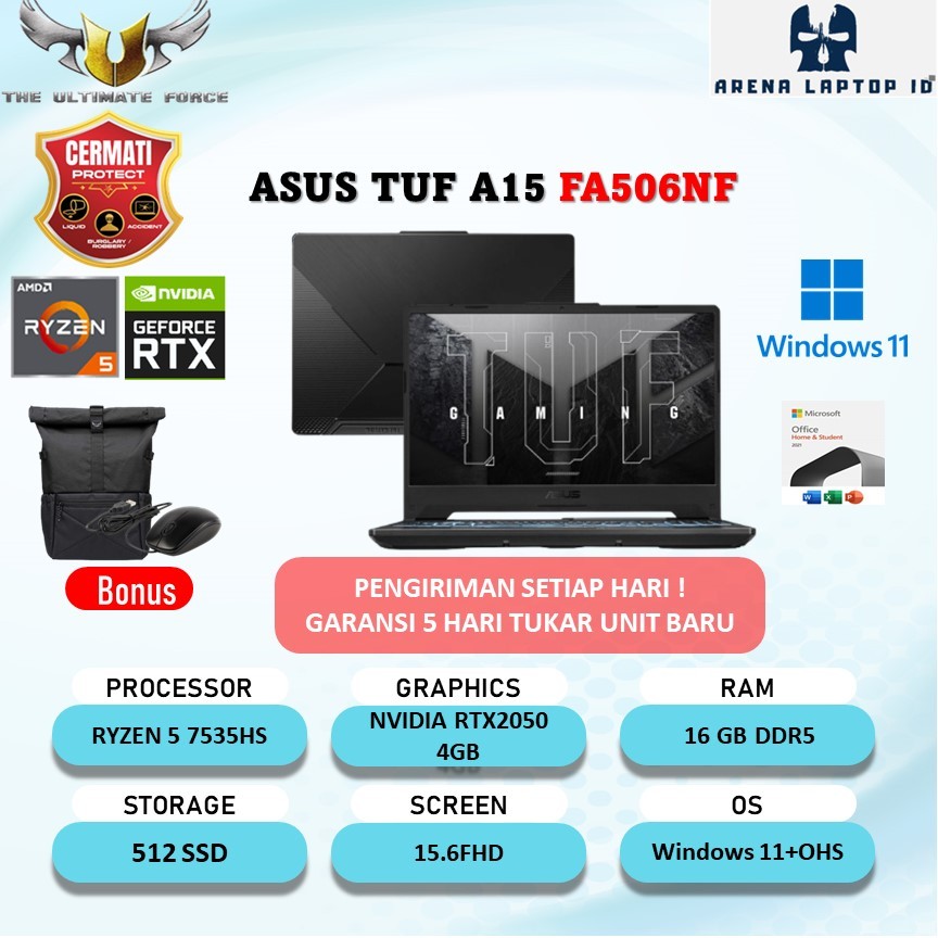 Jual ASUS TUF A15 FA506NF RYZEN 5 7535HS RTX2050 4GB/ 16GB 512GB W11 ...