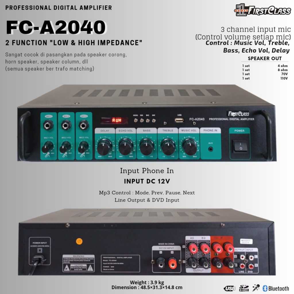 Jual Ampli First Class 2040 FC A2040 | Amplifier Masjid Mushola 3 CH BT ...