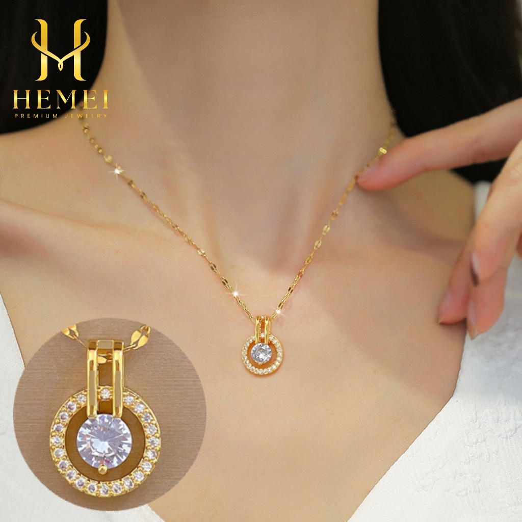 Jual HEMEI H299 KALUNG TITANIUM WANITA SET LIONTIN LINGKARAN BERLIAN ...