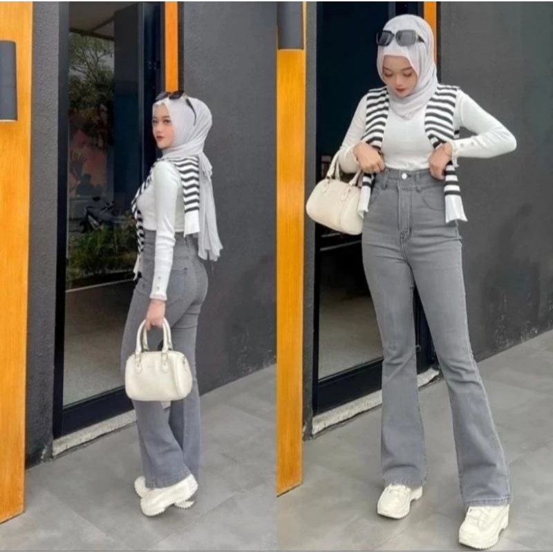 Jual HW Cutbray Jeans Wanita - Hightwaist Cutbray Flared Strecht ...
